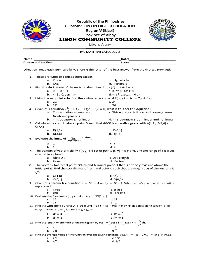 Calculus 3 Exam Questions and Answers | PDF | Equations | Ellipse