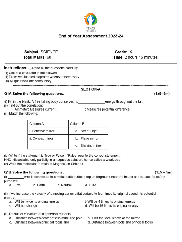 2023-24 - EOY G9 Science Assessment QP | PDF | Ion | Chemical Compounds