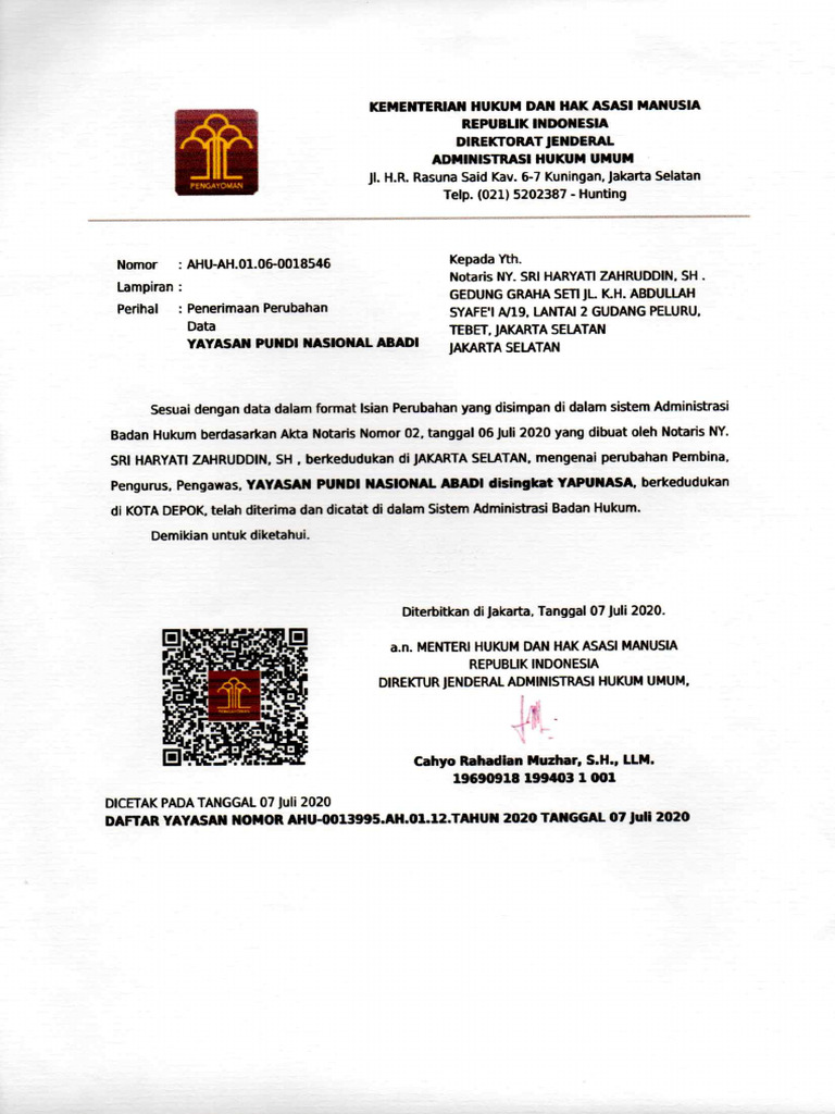 Contoh SK Yayasan Dari Menkumham Tahun 2020 | PDF