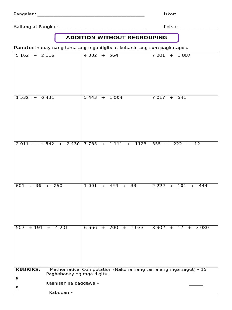 Math Addition Wo Regrpouping | PDF