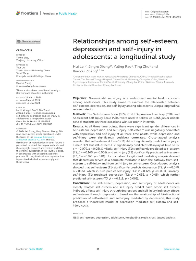 Relationships Among Self-Esteem, Depression and Self-Injury in Adolescents A Longitudinal Study ...
