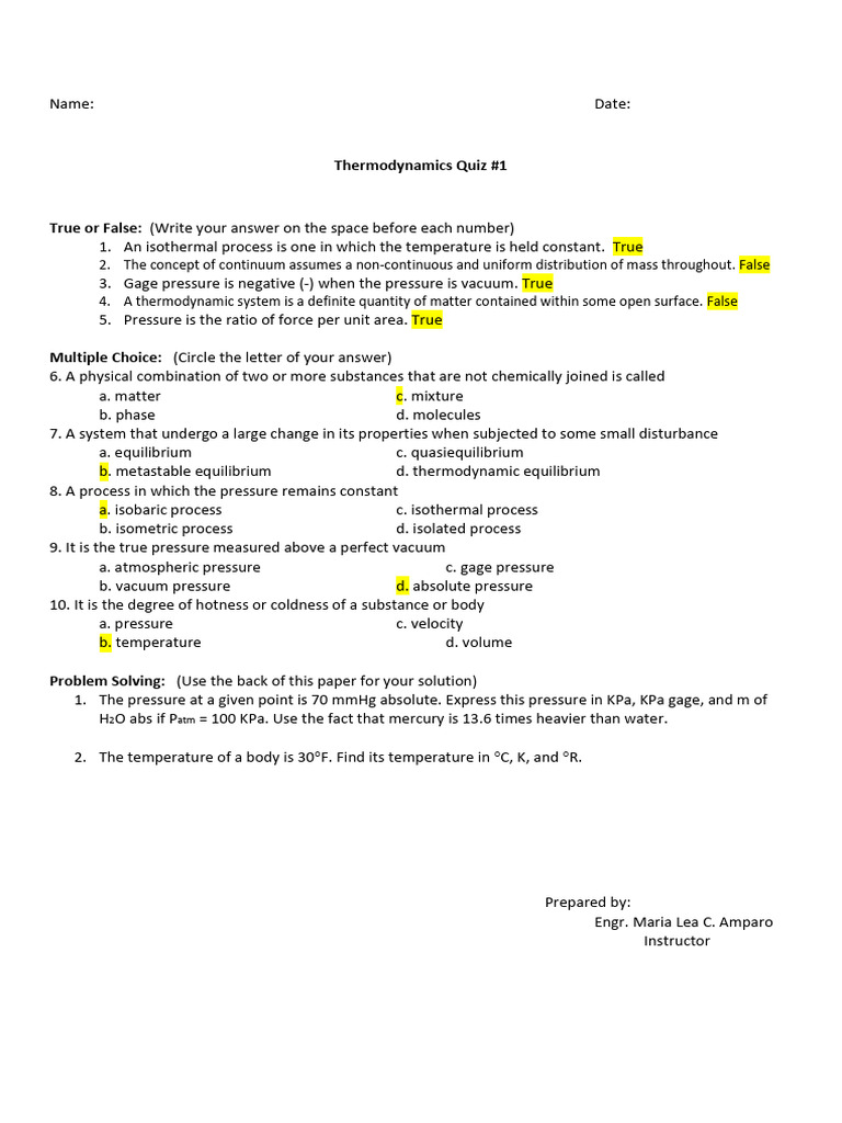 Thermodynamics_Quiz-1-answer | PDF | Pressure | Temperature