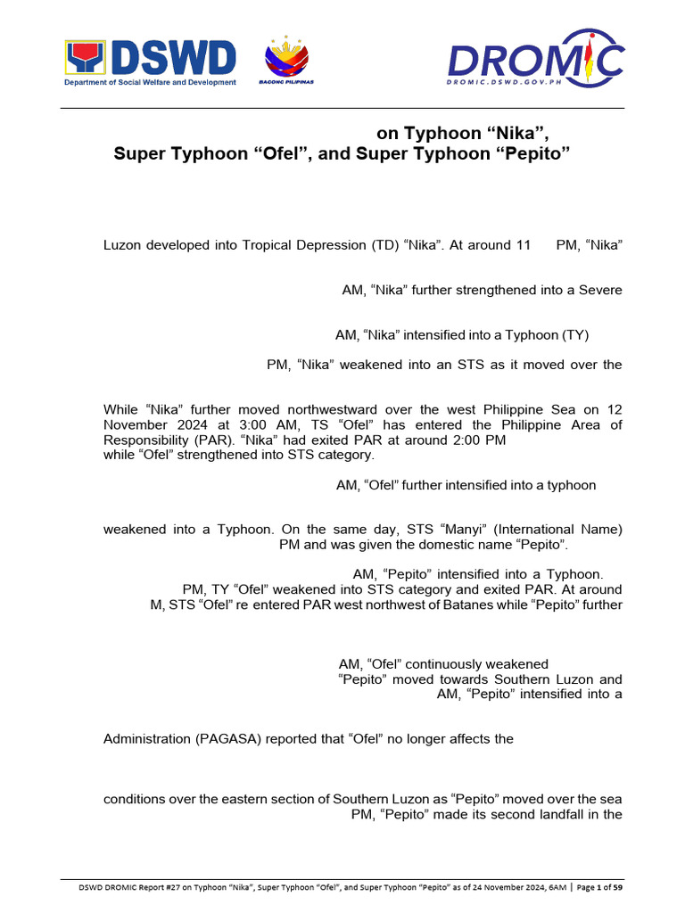DSWD DROMIC Report 27 On Typhoon No. 27 Nika Super Typhoon Ofel and Super Typhoon Pepito As of ...