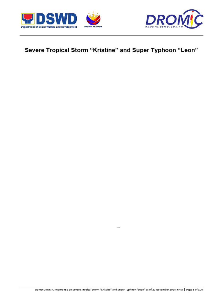DSWD DROMIC Report 52 On Severe Tropical Storm Kristine and Super Typhoon Leon As of 20 November ...