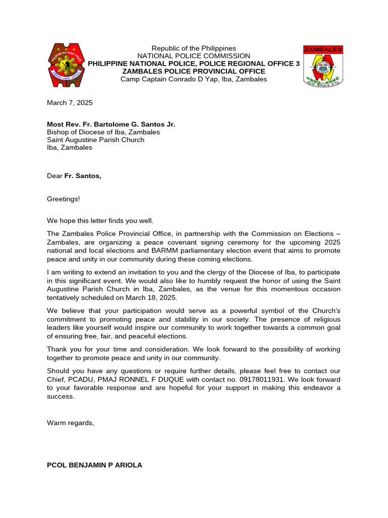 Letter For Iba Parish Priest For Peace Covenant | PDF