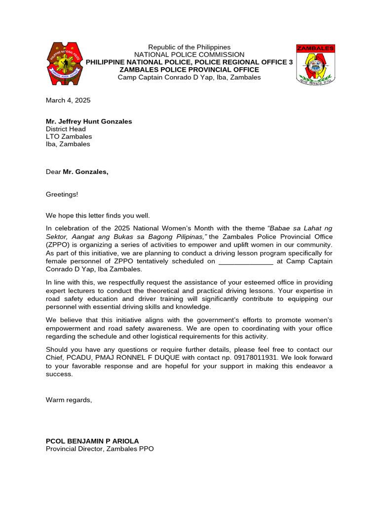 Letter For LTO Chief Request For Driving Lessons | PDF