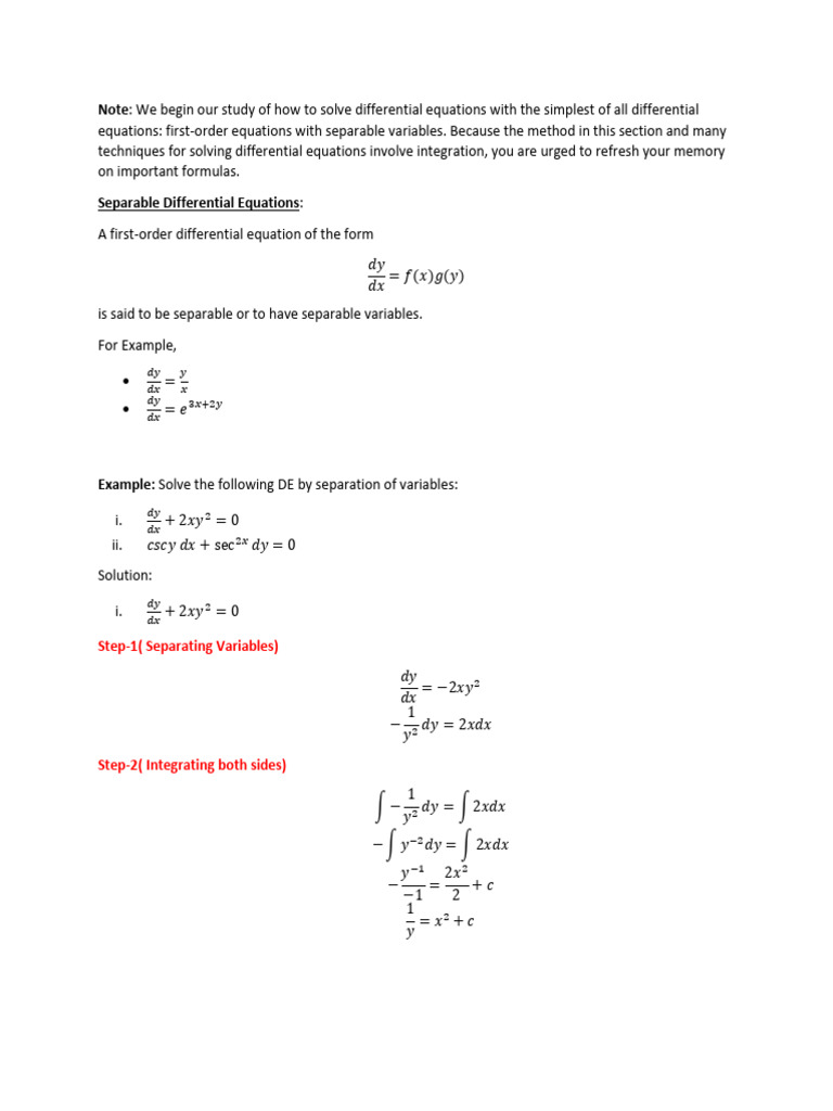 Separable Differential Equations | PDF | Equations | Mathematical Concepts