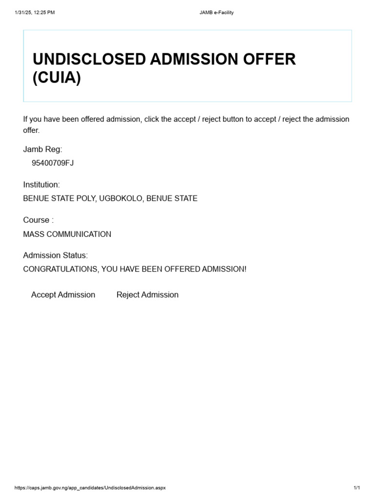 Benue State Polytechnic Admission Offer | PDF