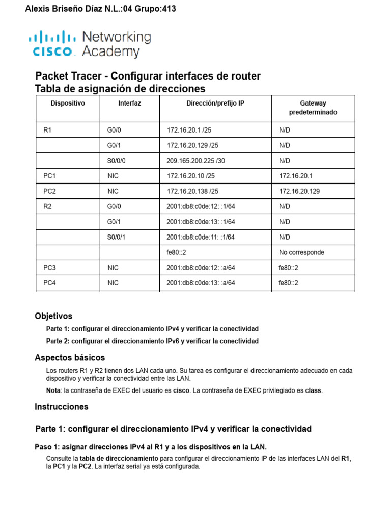 1.4.7 Packet Tracer Configure Router Interfaces Es XL | PDF | Dirección IP | Enrutador (Computación)