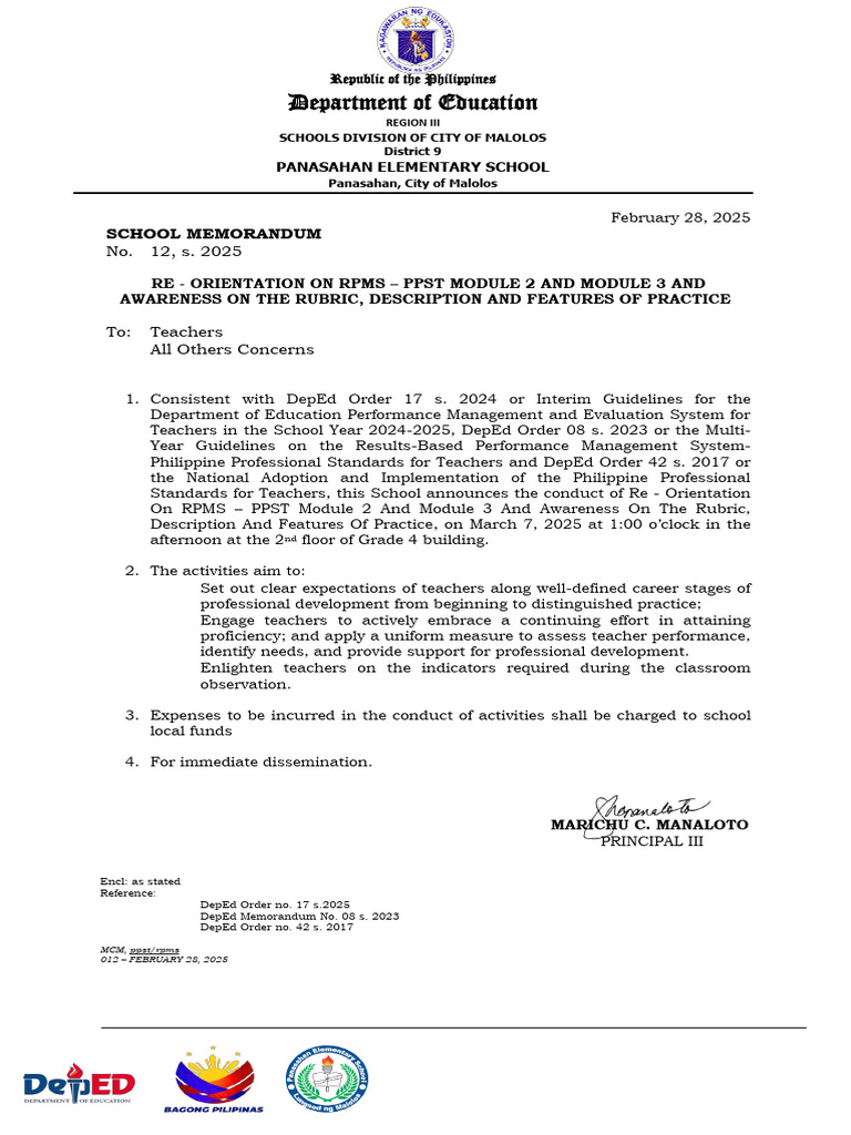 SCHOOL MEMO 12 S. 2025 PPST Indicators | PDF | Teachers | Learning