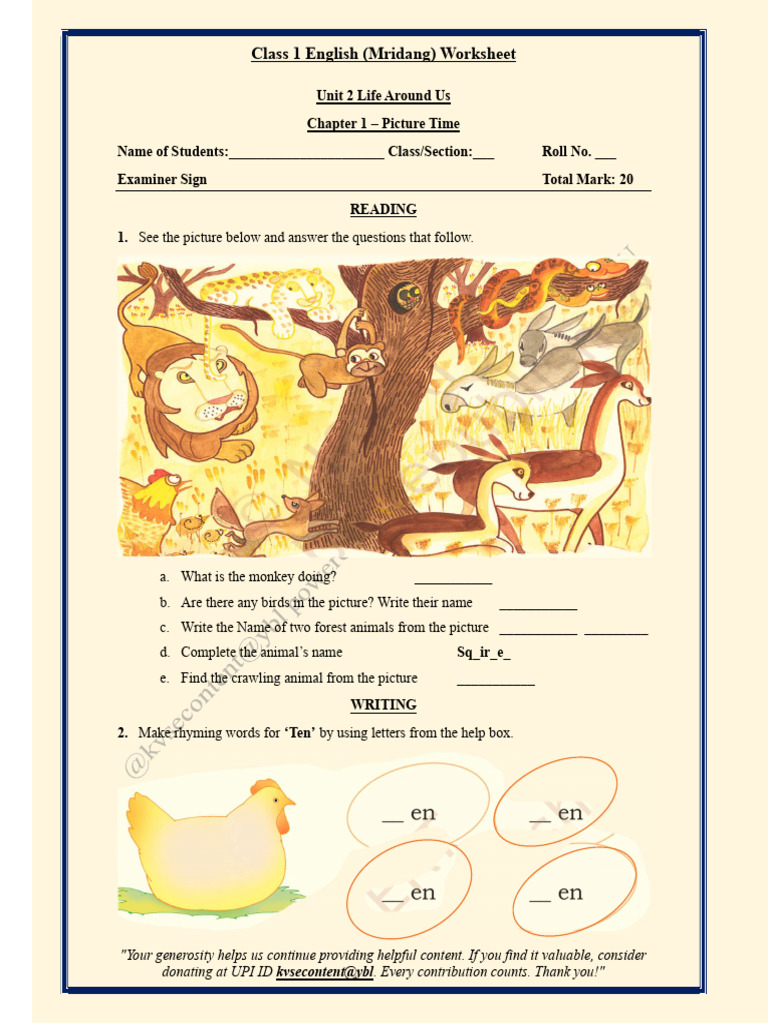 Class 1 English: Life Around Us Worksheet | PDF