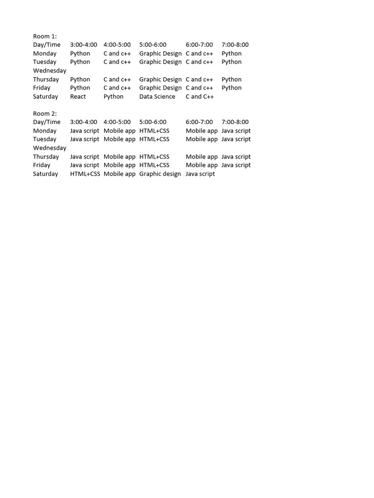 Weekly Programming Course Timetable | PDF