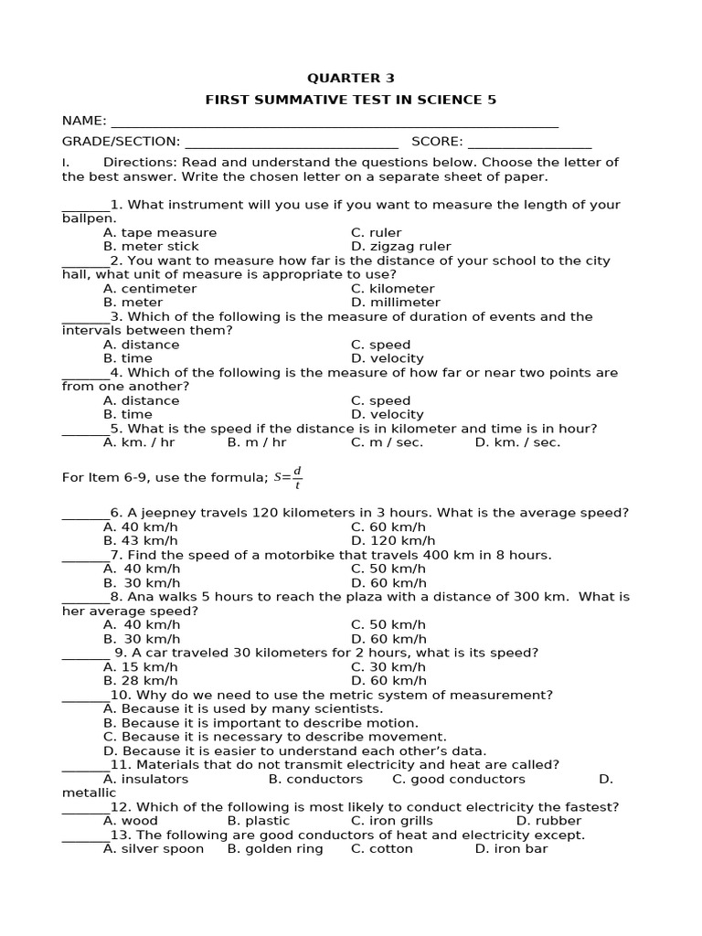 Science 5 Quarter 3 Summative Test | PDF | Electrical Conductor | Speed