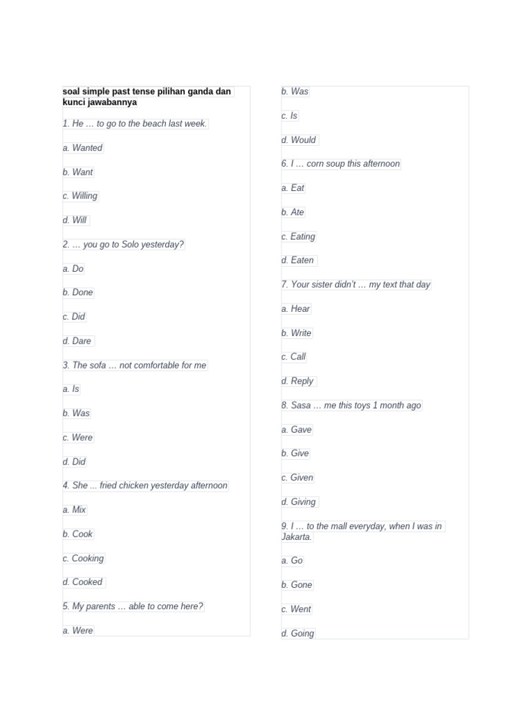 soal simple past tense pilihan ganda dan kunci jawabannya | PDF