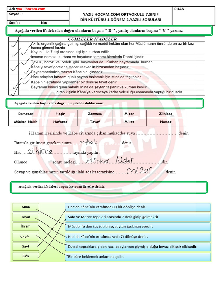 7.sinif Di̇n 1.dönem 2.yazili Sorulari - 2 | PDF