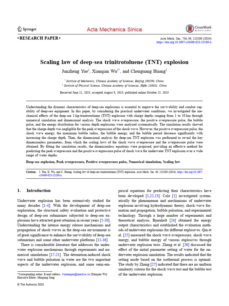 Yue 等 - 2024 - Scaling law of deep-sea trinitrotoluene (TNT) expl | PDF | Pressure | Deep Sea