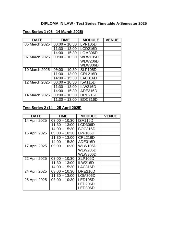 Law - Test Series Timetable A-Semester 2025 Students | PDF