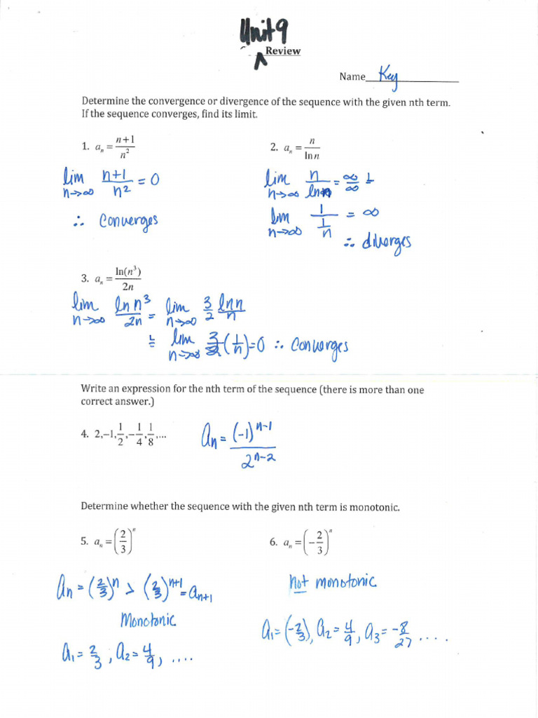 AP Calc Unit 9 CH Reivew WS-key | PDF