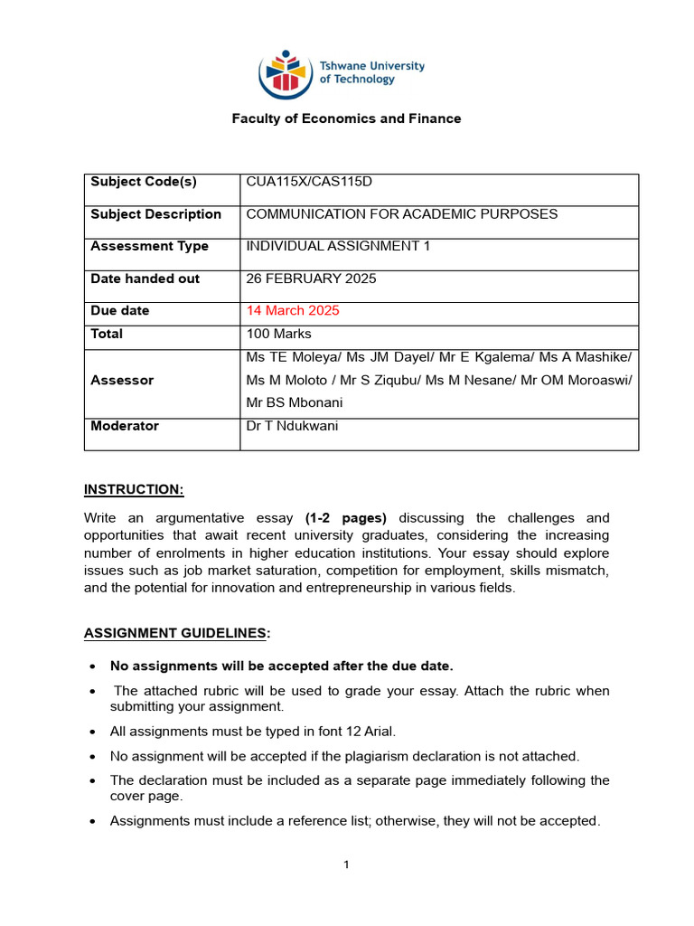 Cua115x & Cas115d Assignment 1 2025 | PDF | Plagiarism | Essays