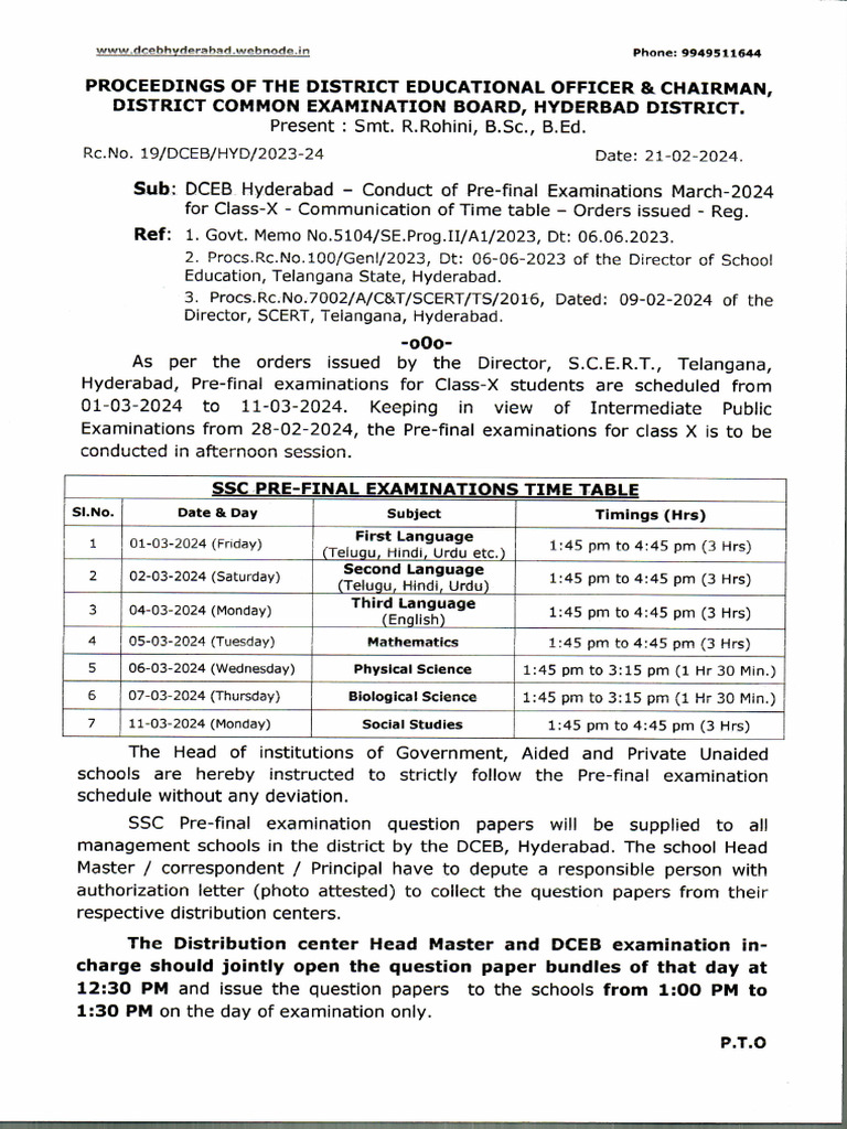 SSC Pre-Final Mar-2024 Time Table | PDF