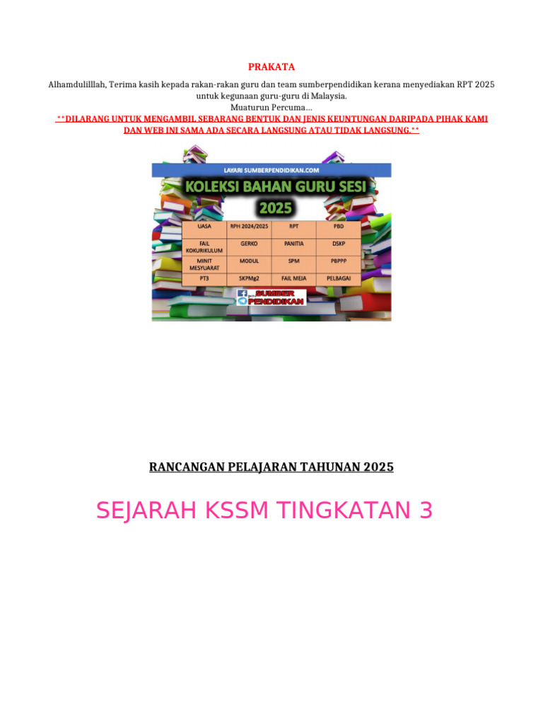 RPT 2025 Sejarah Tingkatan 3 KSSM Sumberpendidikan | PDF