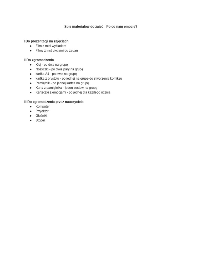 Spis Materiałów Do Zajęć Po Co Nam Emocje? | PDF