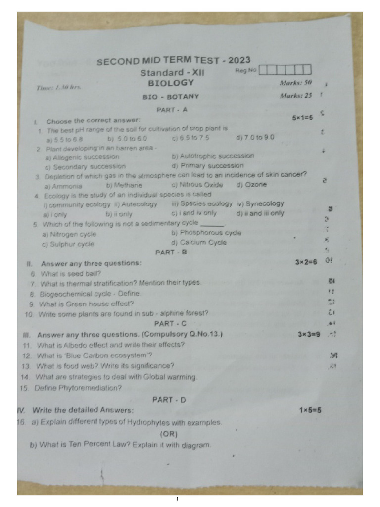 12th Biology Midterm Question Paper | PDF