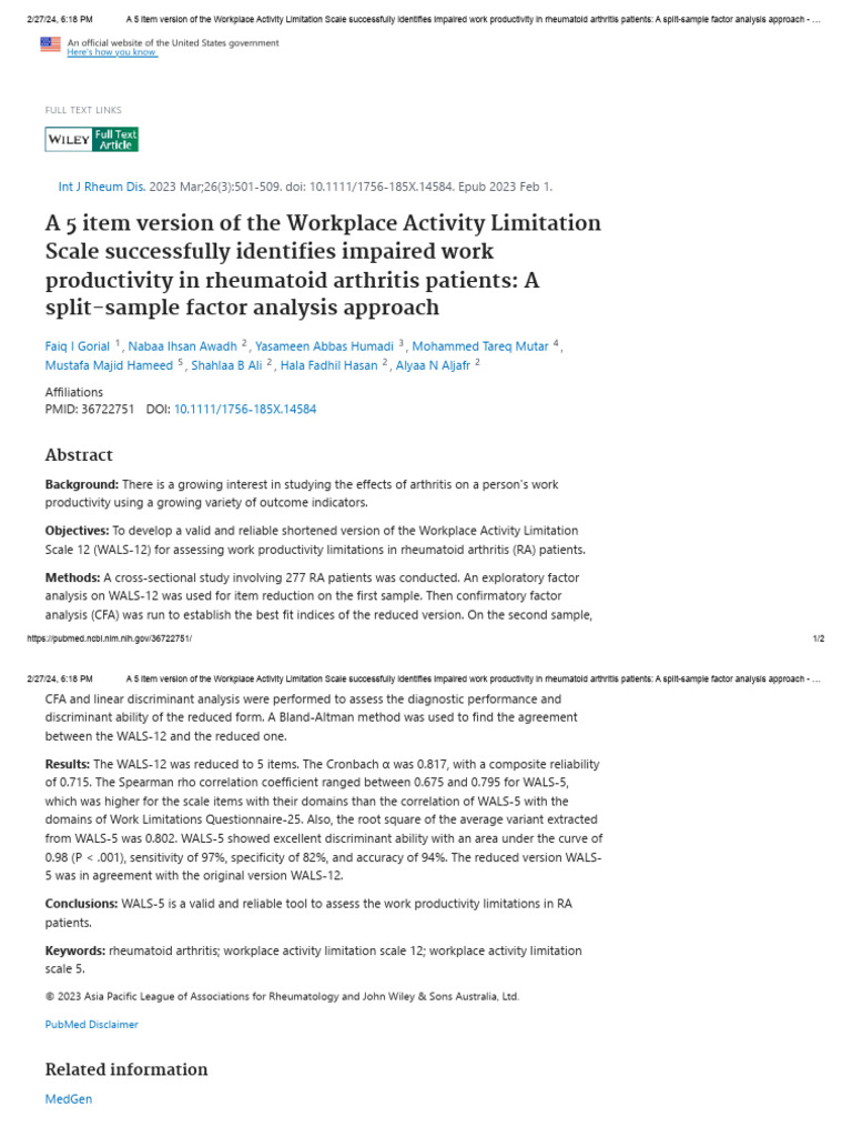 A 5 Item Version of The Workplace Activity Limitation Scale ...