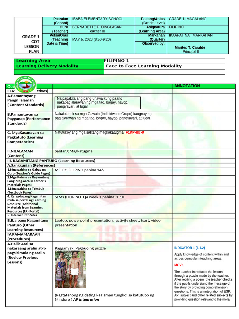 COT2-GRADE-1-FIL-WEEK-1 | PDF | Educational Assessment | Teachers