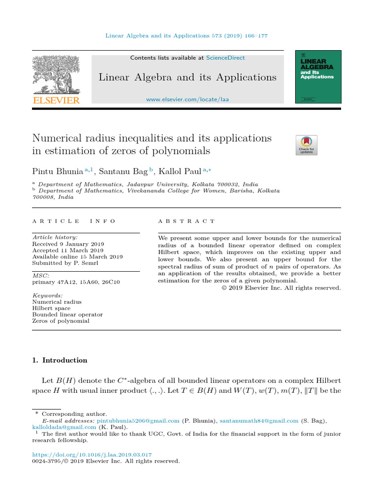 Numerical Radius Inequalities and Its Applications in Estimation of Zeros of Polynomials | PDF ...