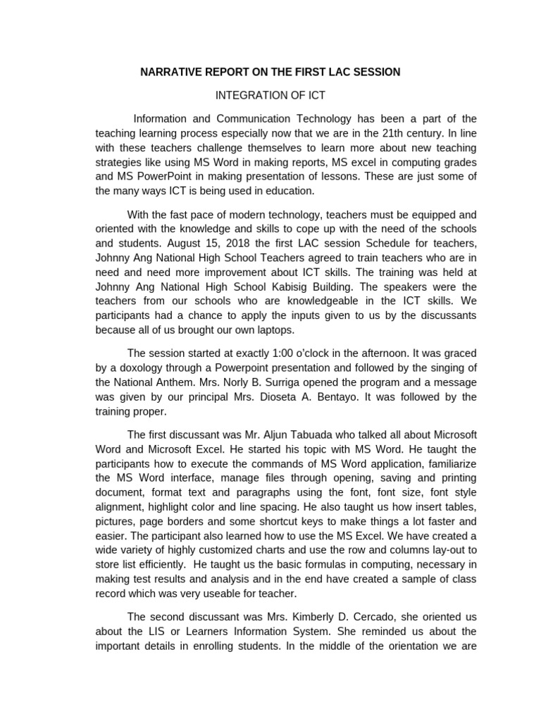 Narrative Report On The First Lac Sessio | PDF | Microsoft Word | Microsoft Power Point