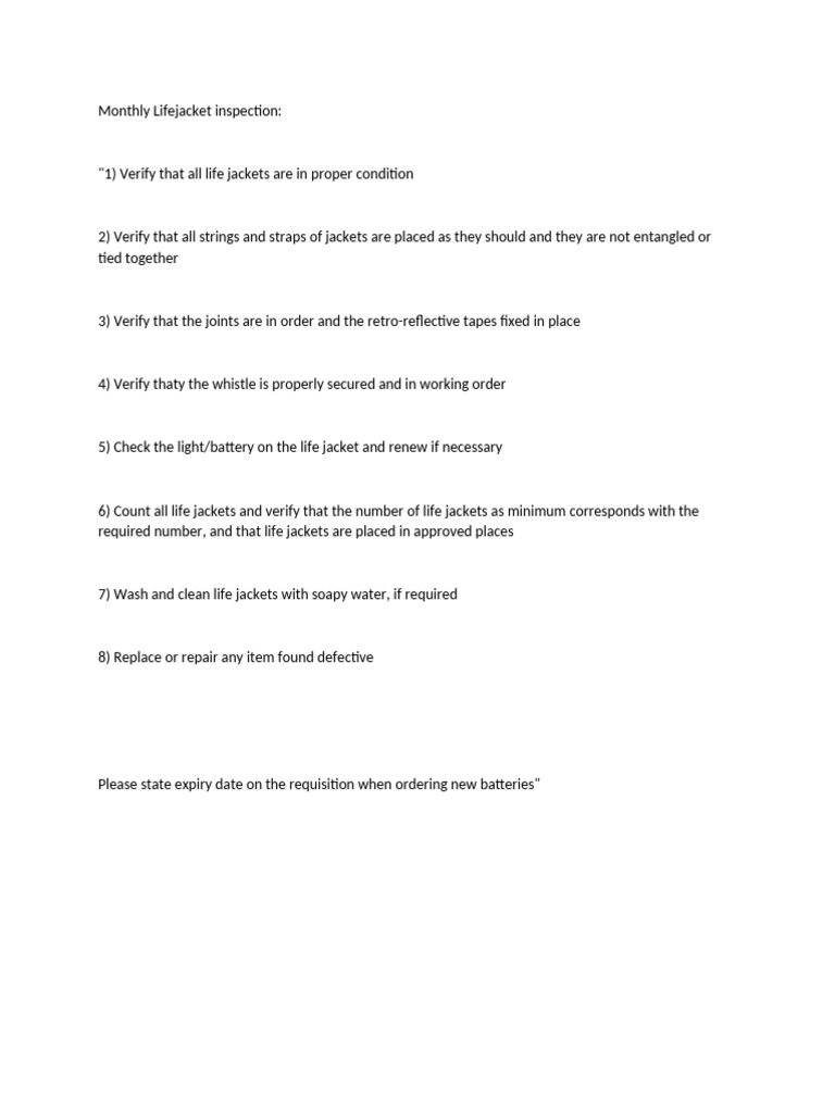 Monthly Lifejacket Inspection Checklist | PDF