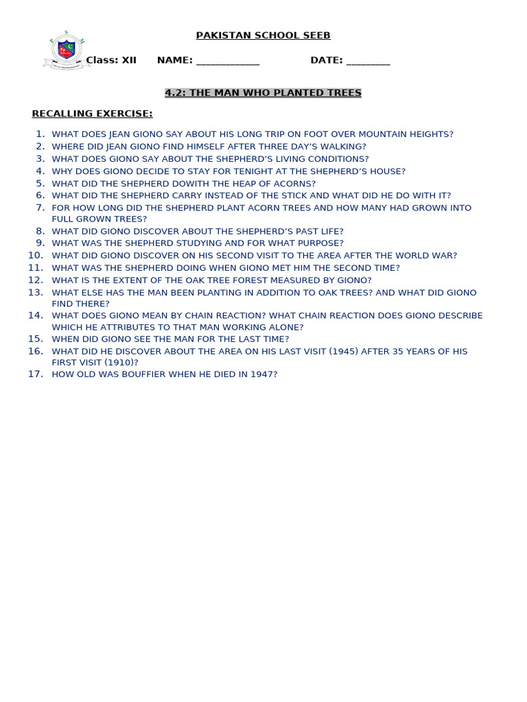 Class 8 Questions on "The Man Who Planted Trees" | PDF