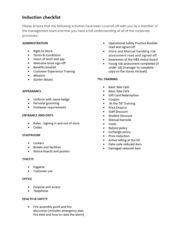 Induction Checklist | PDF