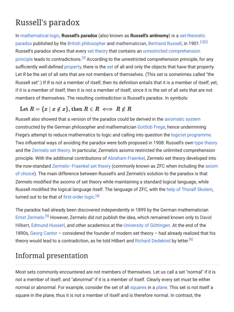 Russell's Paradox - Wikipedia | PDF | Axiom | Mathematical Logic