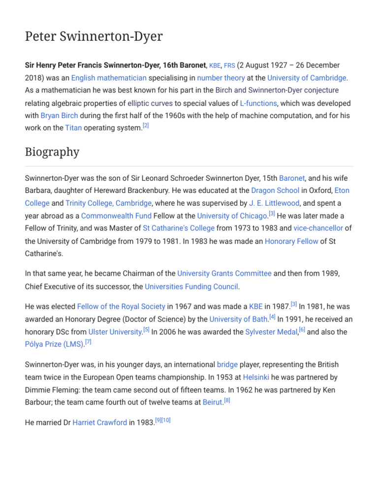 Peter Swinnerton-Dyer: Mathematician Bio | PDF | Mathematics