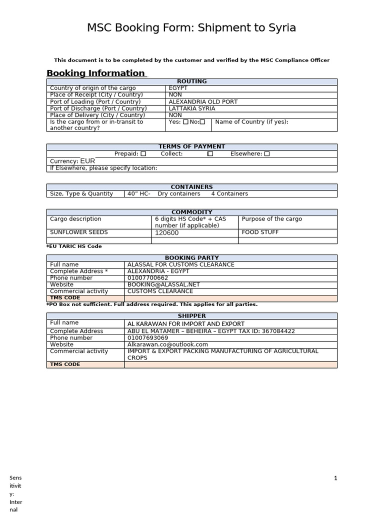 MSC Booking for Syria Shipment | PDF | Cargo | Customs