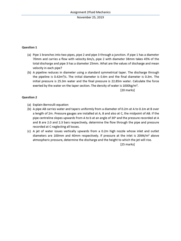 Assignment - Fluid Mechanics 2019 | PDF