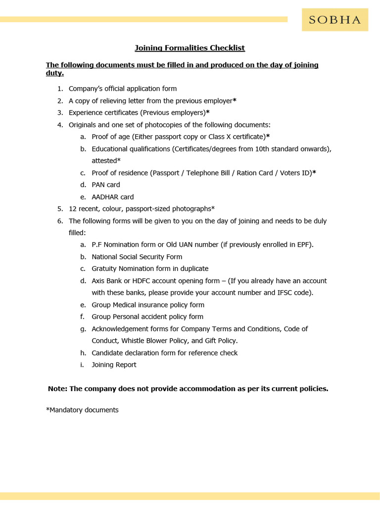 Joining Formalities Checklist (Non-ESI) - New | PDF