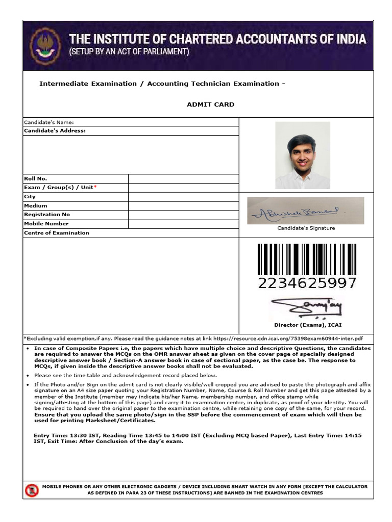 CA Admit Card Abhishek | PDF | Multiple Choice