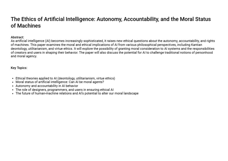 The Ethics of Artifcial Intelligence Autonomy, Accountability, and The ...