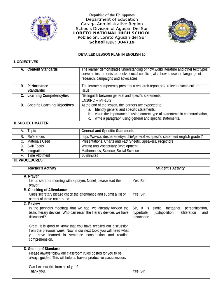 Detailed English 10 Lesson Plan: General vs. Specific Statements | PDF ...