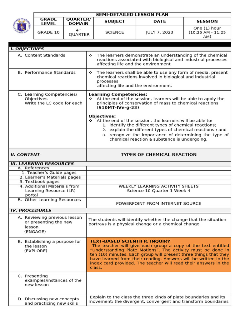 Lesson Plan in Science 9 | PDF | Plate Tectonics | Learning