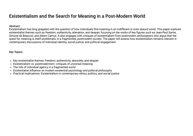 Existentialism and The Search For Meaning in A Post-Modern World | PDF