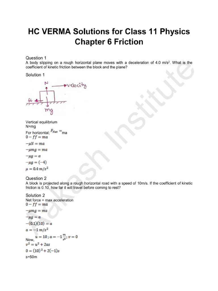 HC VERMA Solutions for Class 11 Physics Chapter 6 Friction_Image-only version | PDF