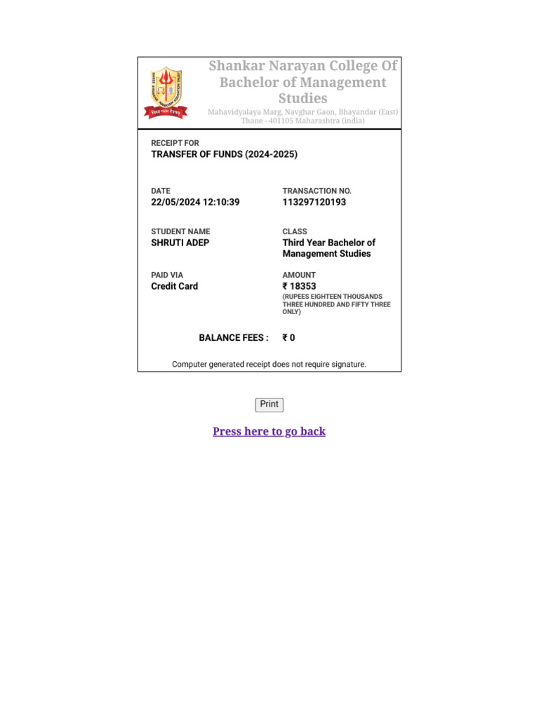Shankar Narayan College Fee Receipt 2024 | PDF
