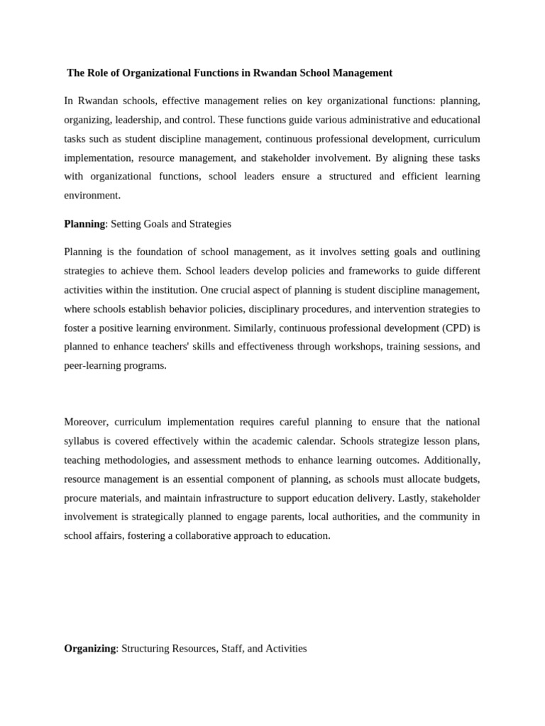 The Role of Organizational Functions in Rwandan School Management | PDF ...