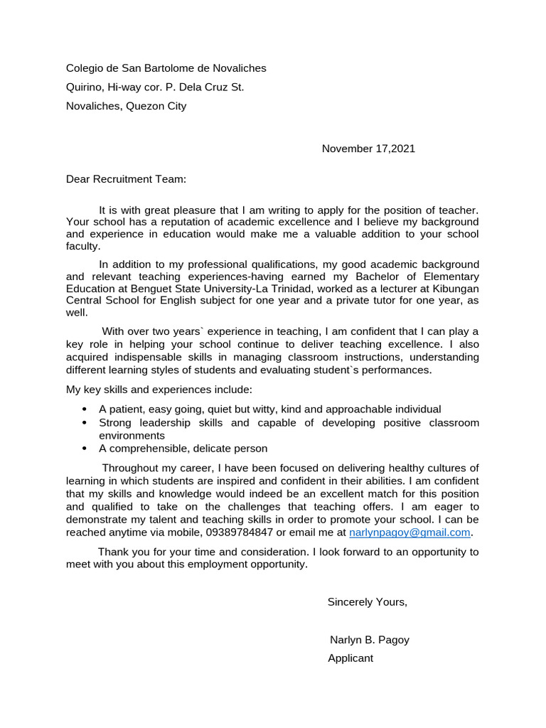 Teacher Application for Colegio de San Bartolome | PDF