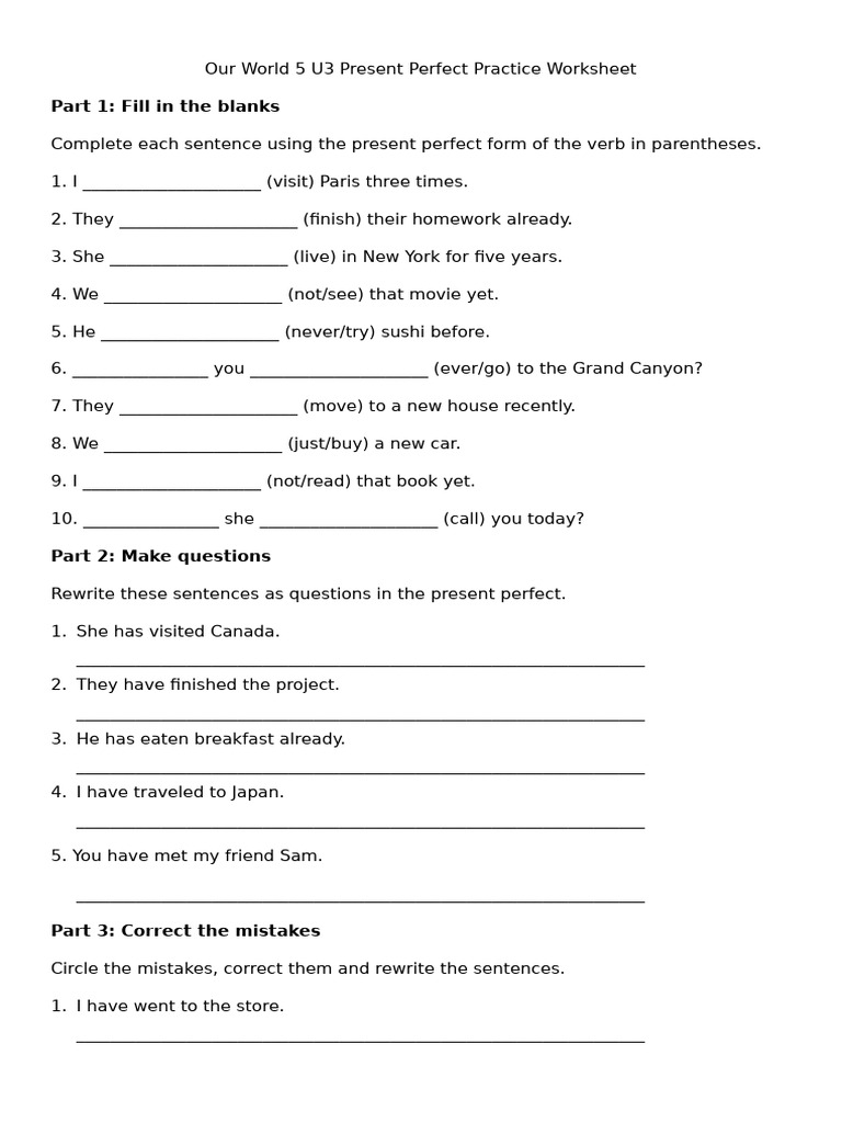 Our World 5 U3 Present Perfect Practice Worksheet | PDF