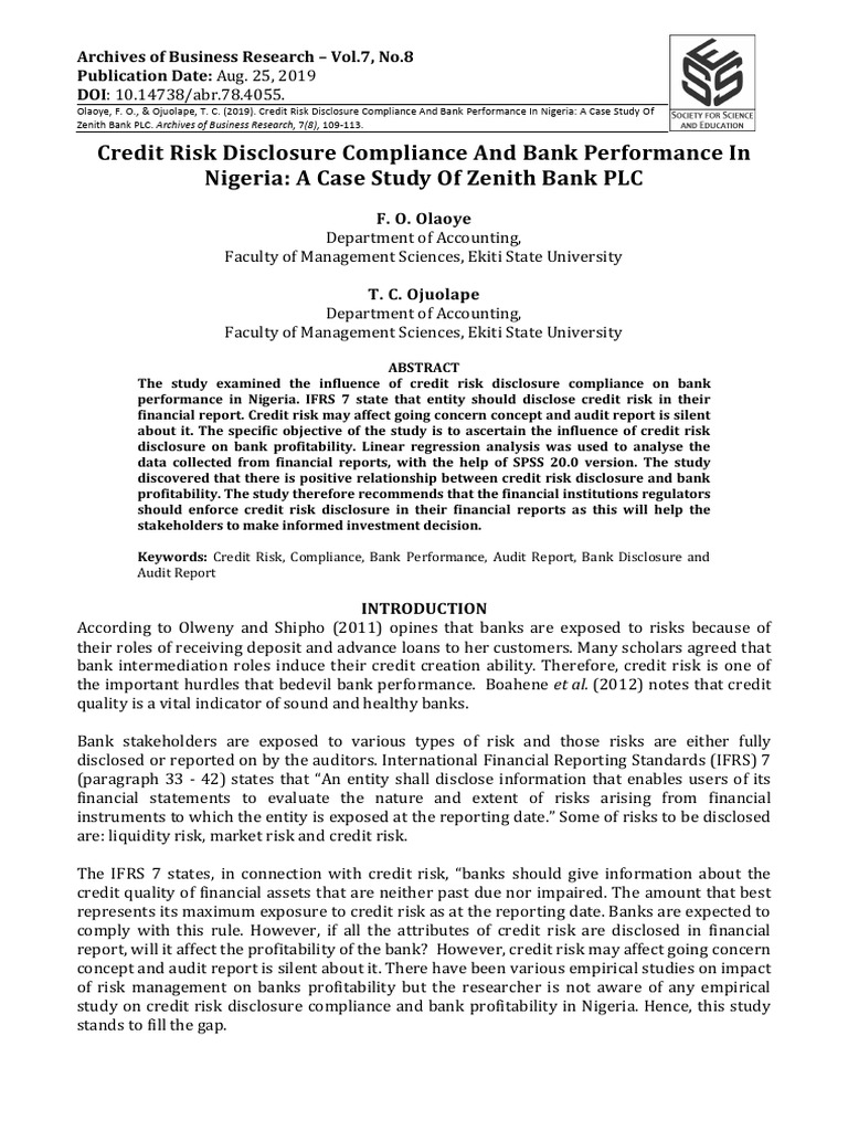 Credit Risk Disclosure Compliance and Bank Perform | PDF | Dependent ...